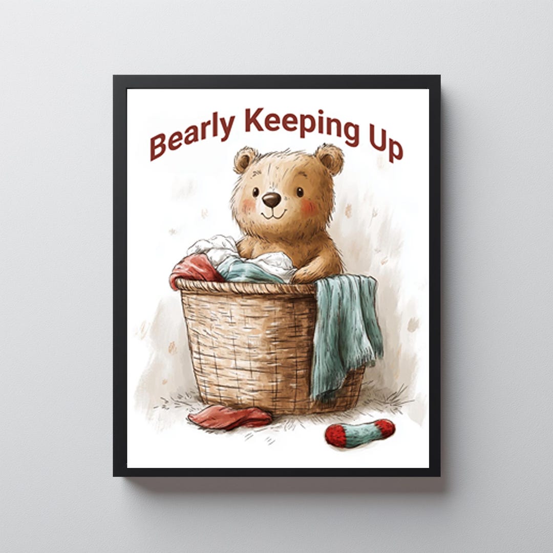 Rustic Teddy Bear Illustration in Woven Basket - Playful Laundry Room ...
