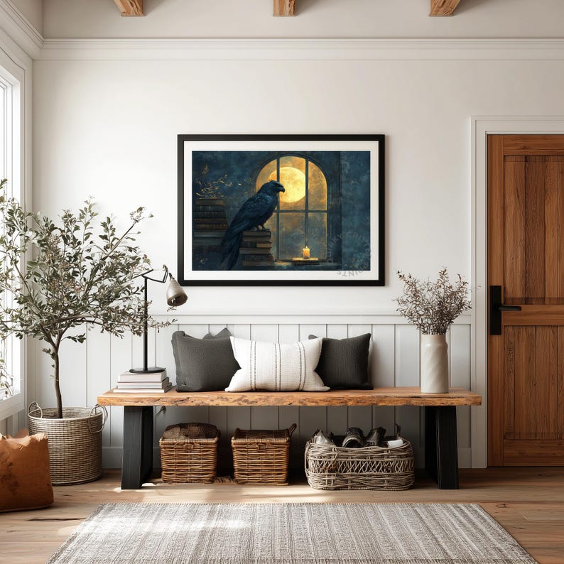 Raven Wall Art Dark Academia Decor, Moonlit Library Print, Gothic Book ...