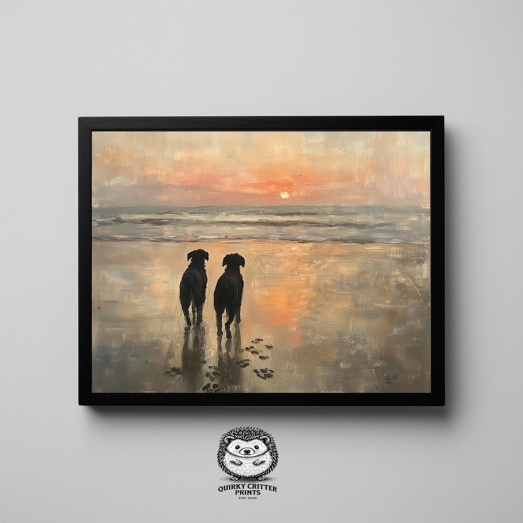 Printable Dogs at Sunset Beach Scene - Moody Coastal Wall Art, Serene ...