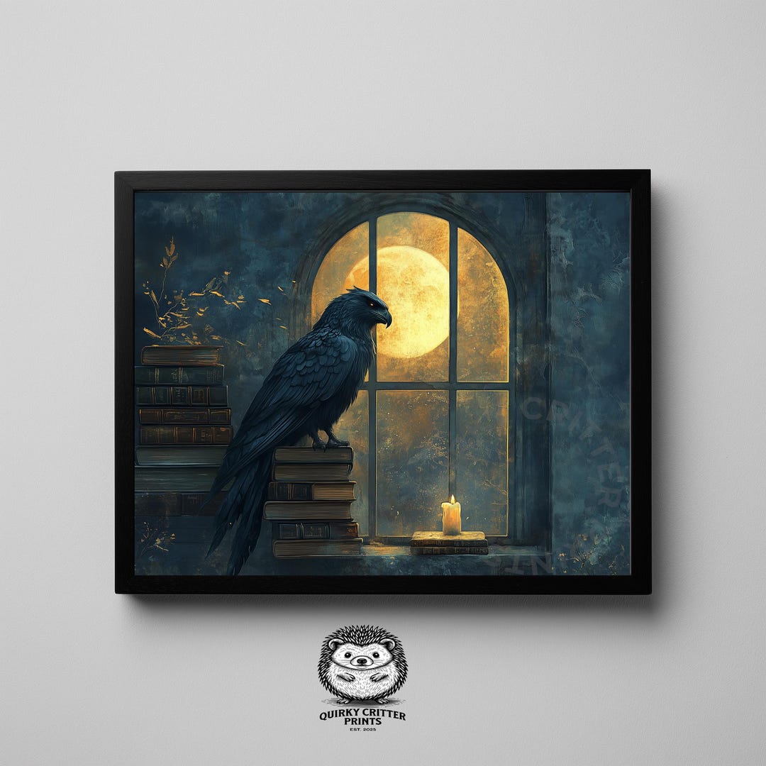 Raven Wall Art Dark Academia Decor, Moonlit Library Print, Gothic Book ...
