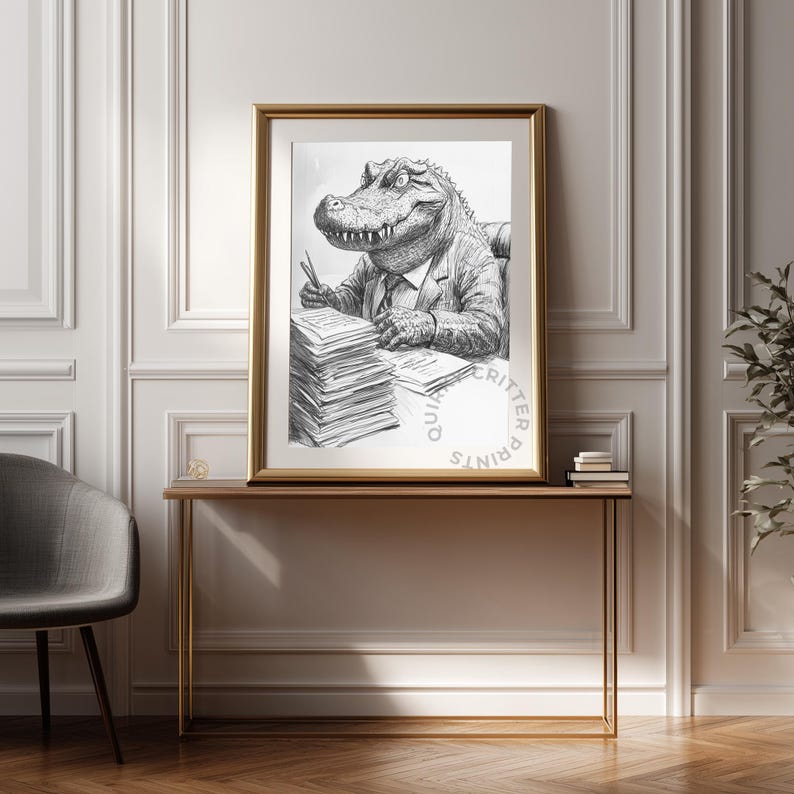Funny Crocodile Office Wall Art, Pen and Ink Sketch Corporate Humor ...