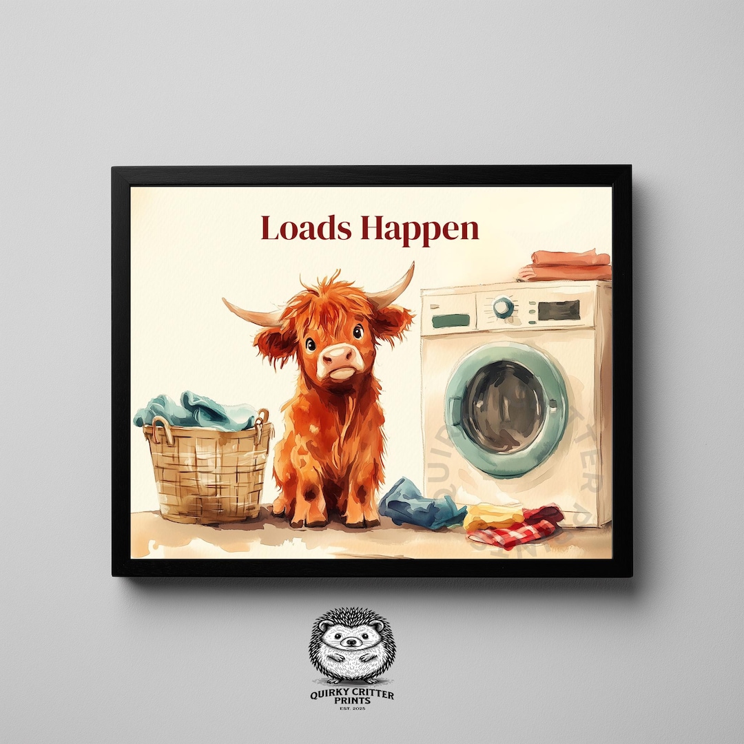Highland Cow Laundry Art - Rustic Farmhouse Print, Shaggy Calf ...