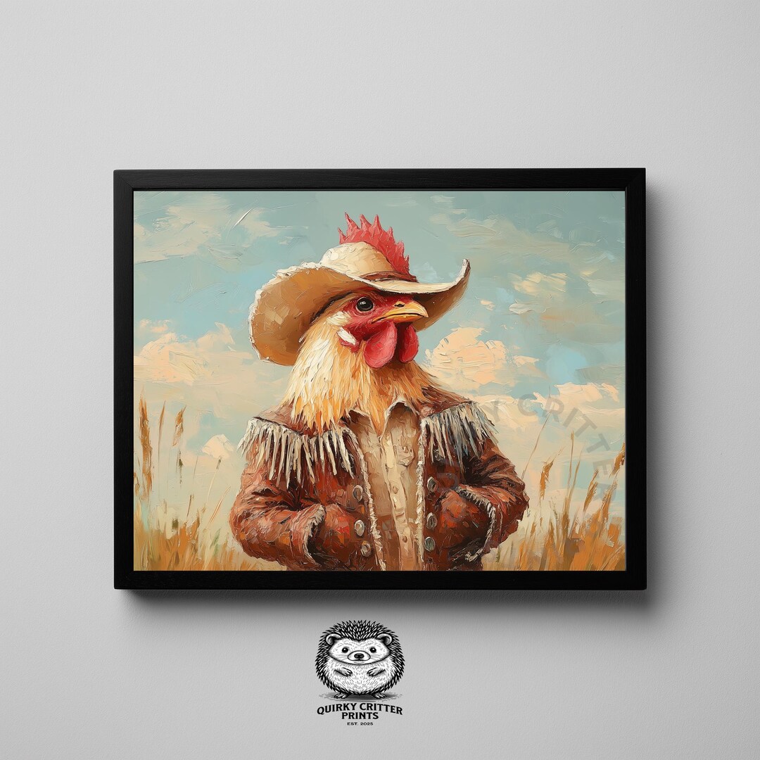 Rooster in Cowboy Hat Printable Art - Quirky Western Portrait, Rustic ...