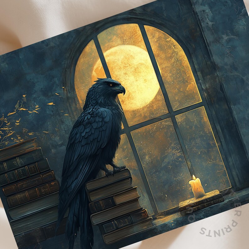 Raven Wall Art Dark Academia Decor, Moonlit Library Print, Gothic Book ...