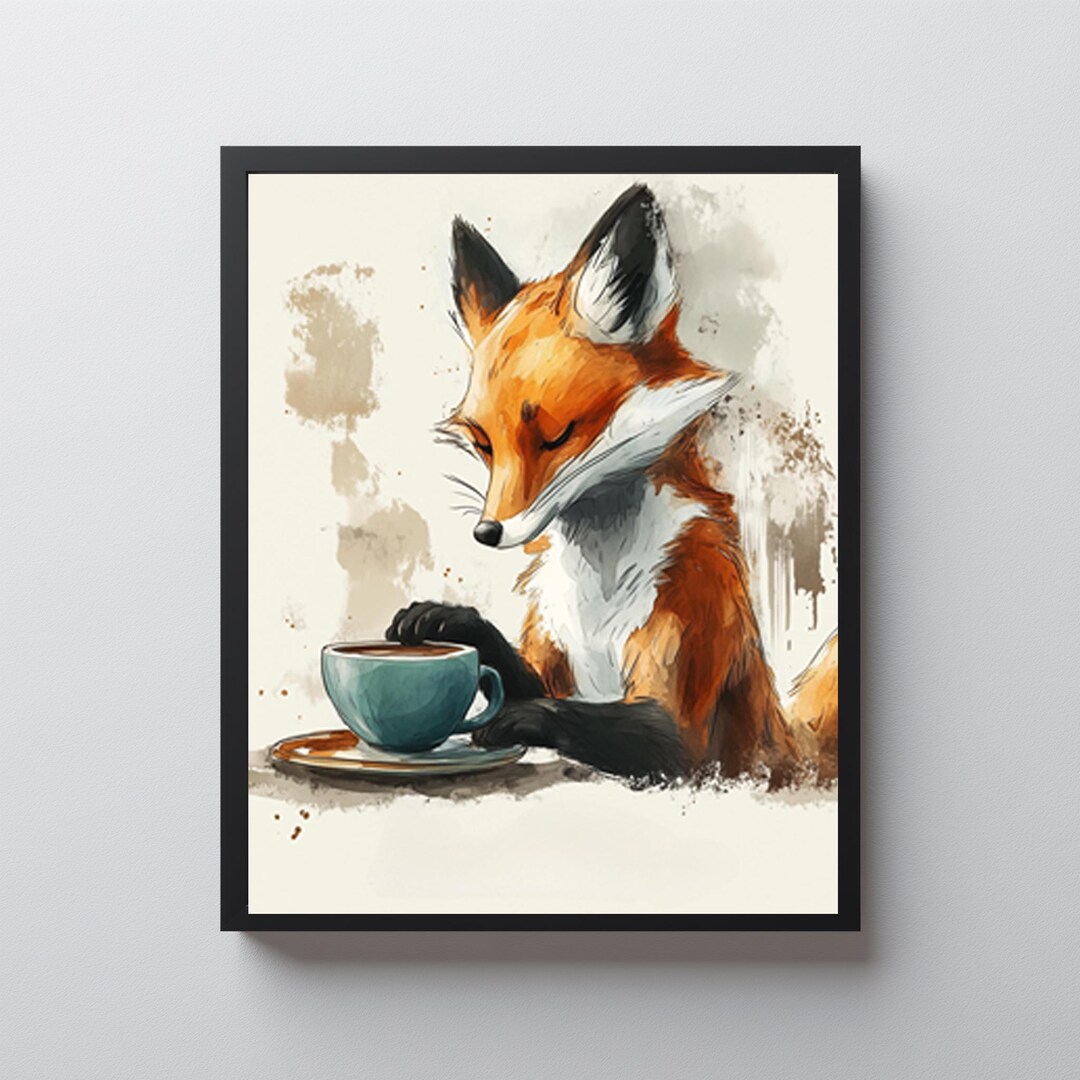 Rustic Fox With Coffee Printable Art - Warm Rustic Morning Scene, Cozy ...