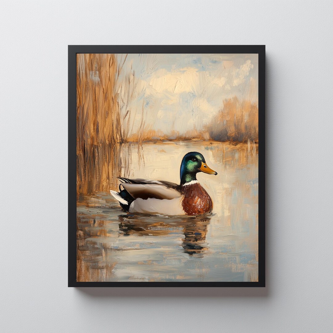 Rustic Mallard Duck Painting on Calm Water - Vintage Nature Scene ...