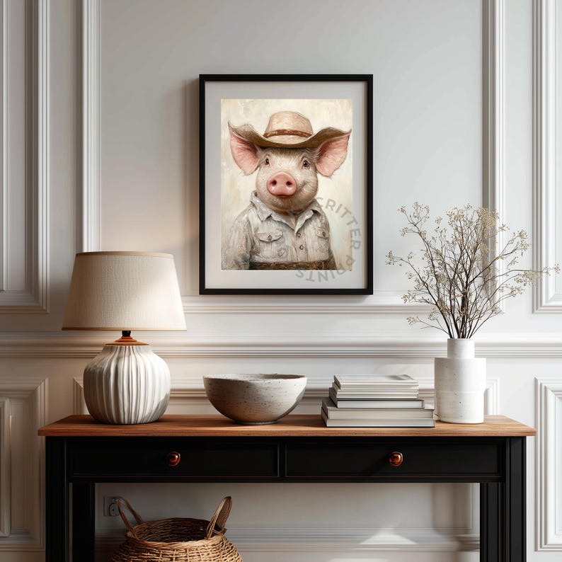 Country Pig in Cowboy Hat Portrait, Farmhouse Nursery Art (digital ...