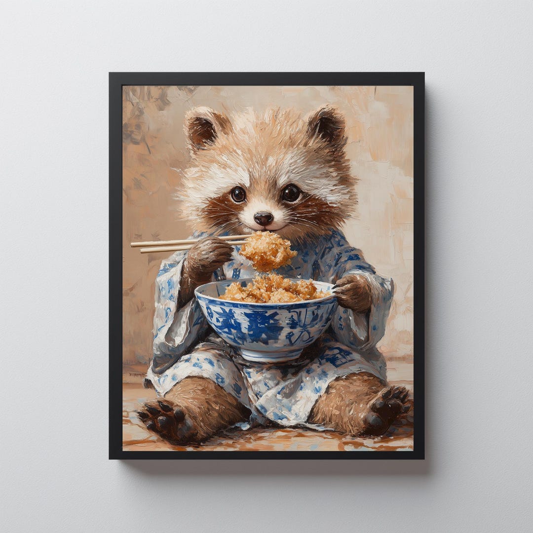 Printable Tanuki Eating Tempura Wall Art - Cozy Japanese Inspired Decor ...