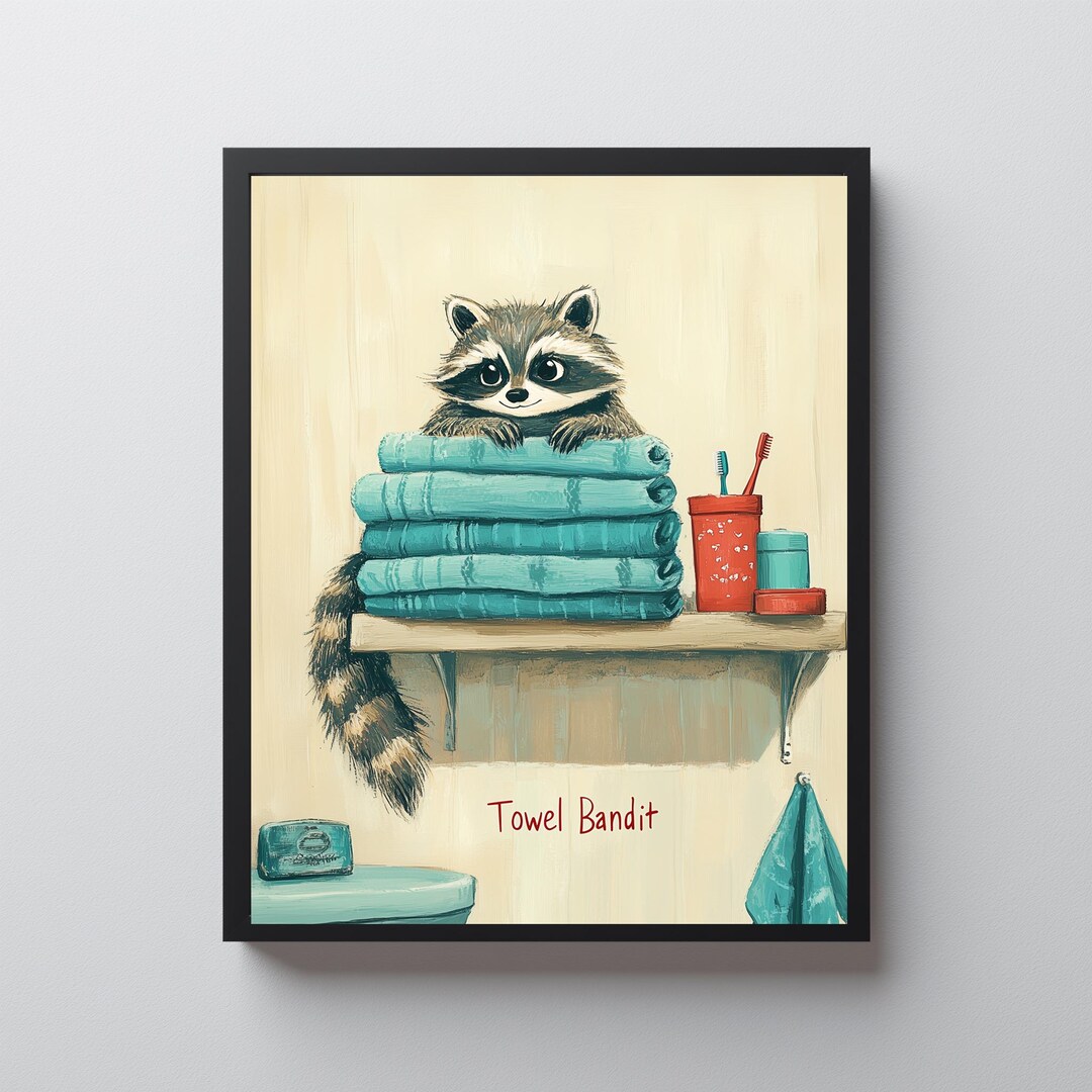Farmhouse Raccoon Bathroom Printable - Cozy, Towel Bandit Art, Playful ...