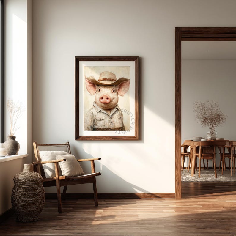 Country Pig in Cowboy Hat Portrait, Farmhouse Nursery Art (digital ...