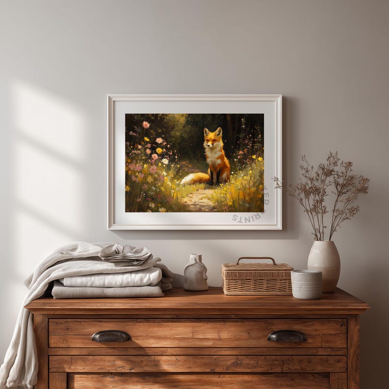 Fox Wall Art Wildflower Meadow Print, Cottagecore Nature Decor, Sunny ...