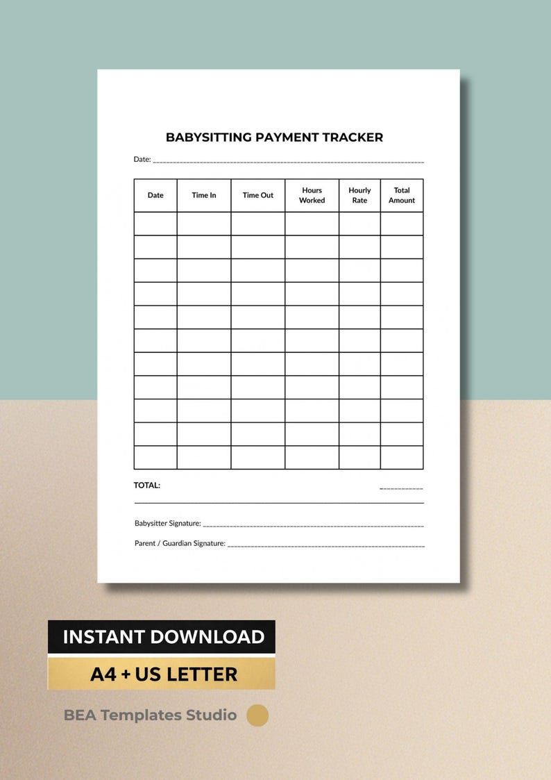 Babysitting Payment Tracker Printable PDF, Nanny Income Log, Childcare ...