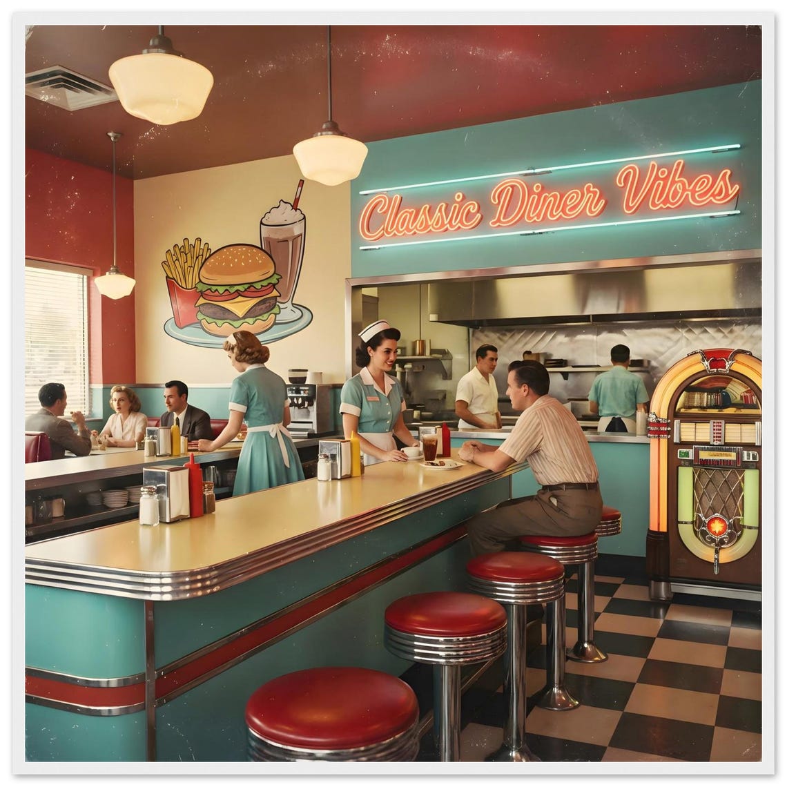Classic Diner Vibes Wooden Framed Poster – Timeless 50s Nostalgia for ...