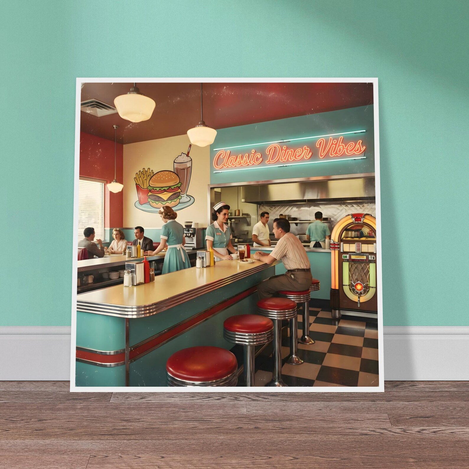 Classic Diner Vibes Wooden Framed Poster – Timeless 50s Nostalgia for ...