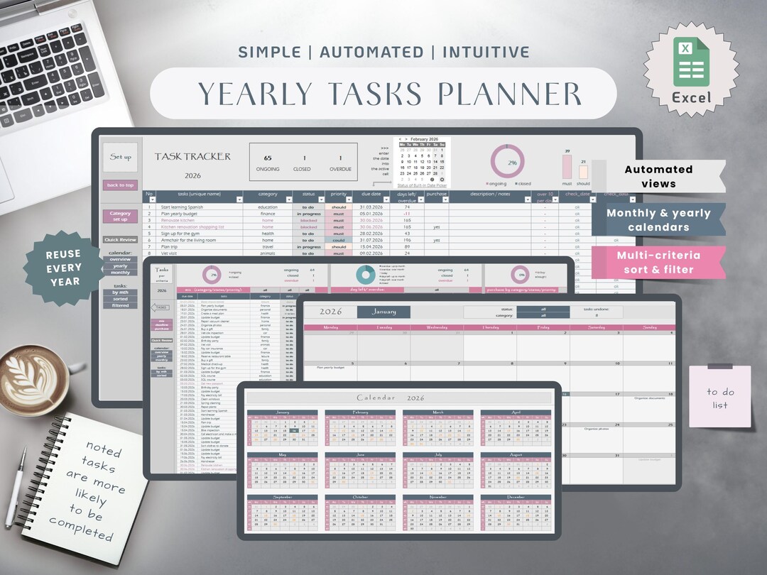 Yearly Tasks Planner Spreadsheet | Task Tracker | Automated Excel ...