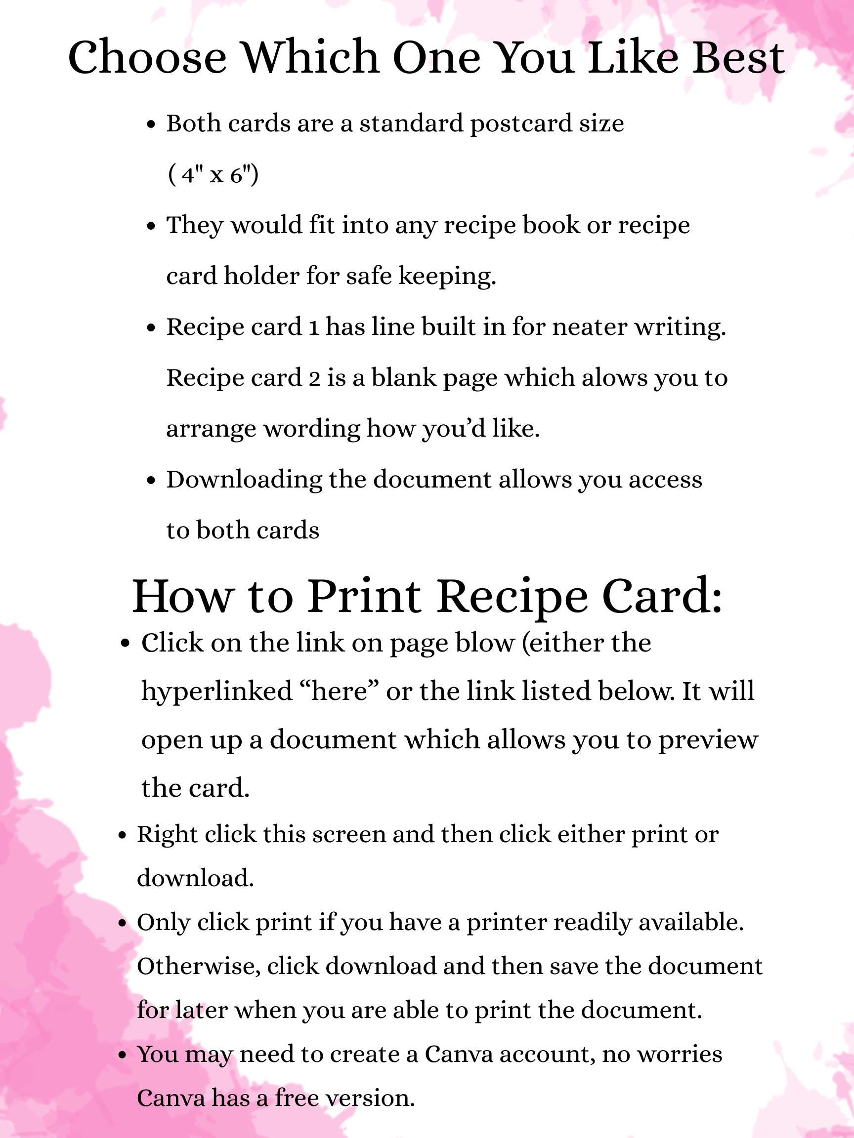 Printable Canva Recipe Card, Recipe Card, Floral Recipe Card, Black and ...