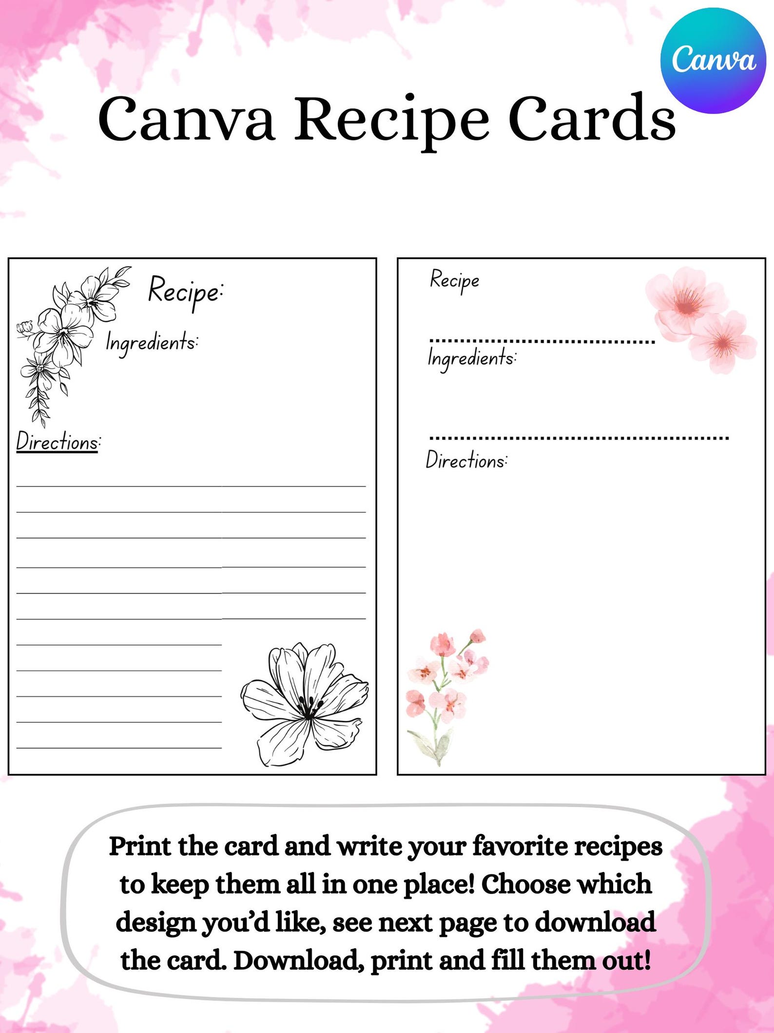 Printable Canva Recipe Card, Recipe Card, Floral Recipe Card, Black and ...