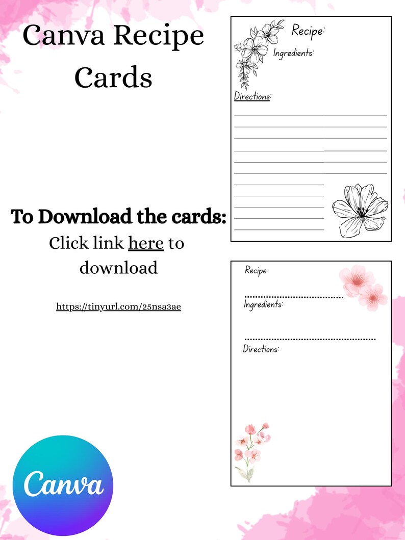 Printable Canva Recipe Card, Recipe Card, Floral Recipe Card, Black and ...