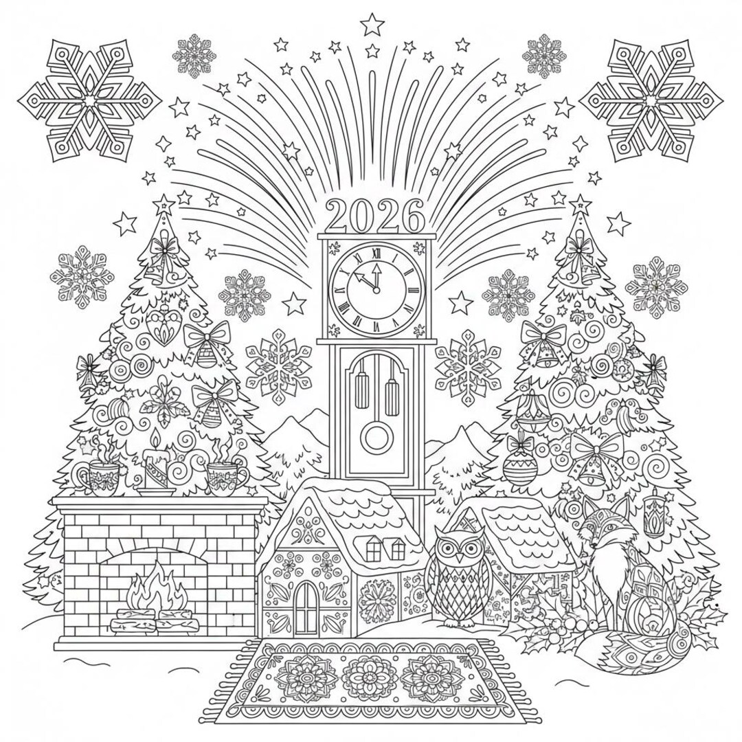 2026 New Year Coloring Pages | Adult Holiday Mandala Art (digital ...