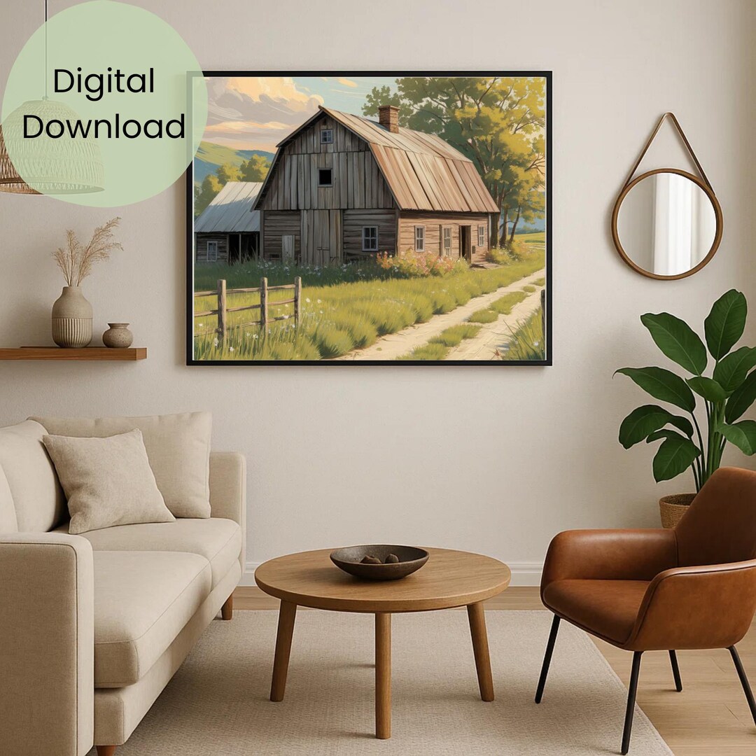 Farmhouse Barn Landscape Print | Rustic Cottagecore Wall Art Digital ...