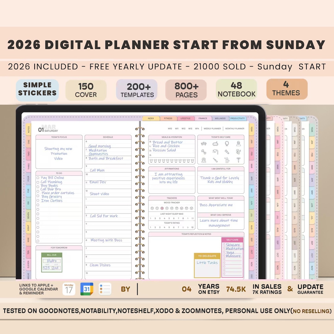 Sunday Start 2026 Planner With Stickers - Digital Printable PDF Planner ...