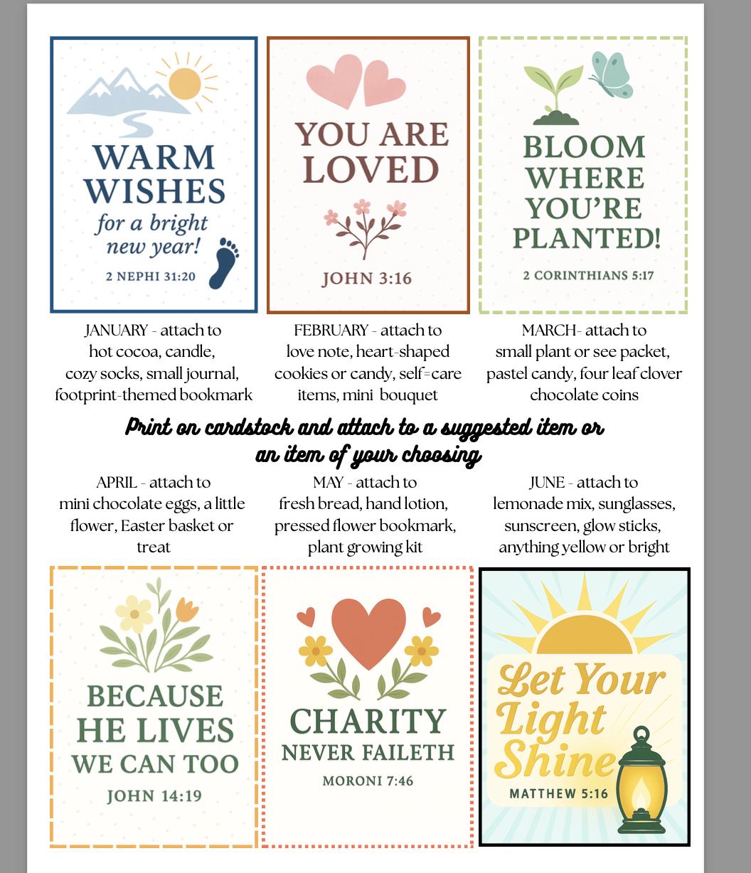 12-month LDS Ministering Tags With Gift Ideas/printable Ministering ...
