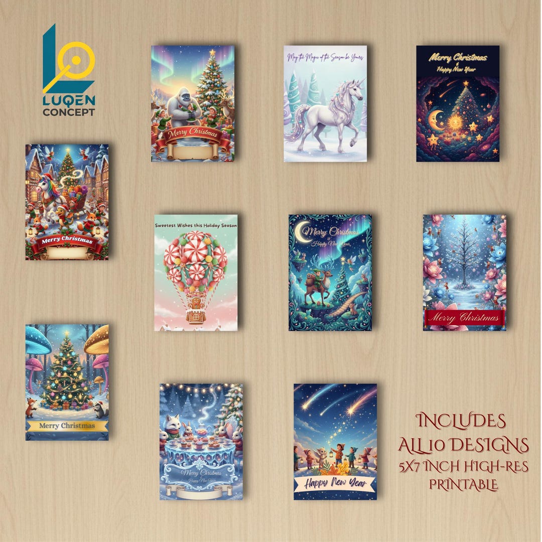10 Whimsical Fantasy Christmas Cards Printable Bundle Set, Digital ...