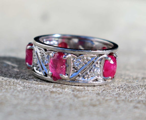 Vintage Platinum Wide Carved Ruby Diamond Band - Gem