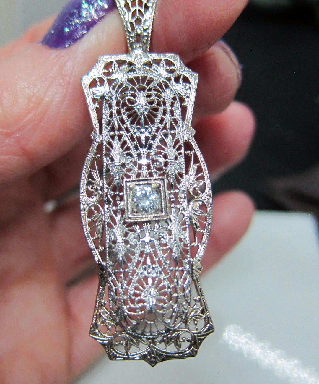 Antique Large 14k Filigree .25 Ct. Diamond Pendant Fold Down Pendant ...