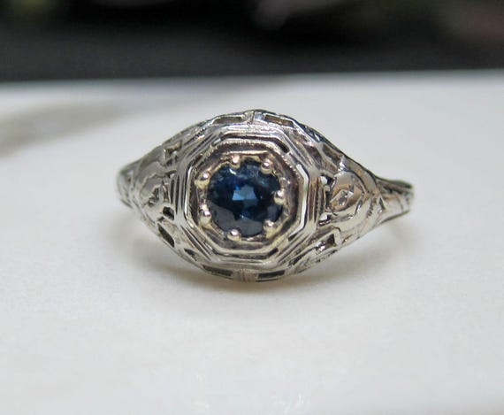 Antique Art deco 18k Sapphire Filigree Engagement Ring Etsy