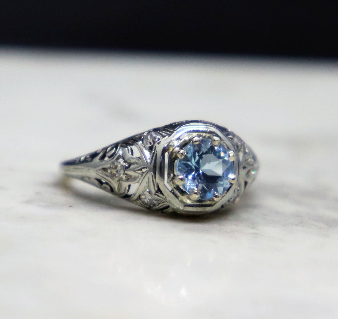 Antique Deco 14k Aqua Marine Diamond Filigree Ring March Birthstone - Etsy