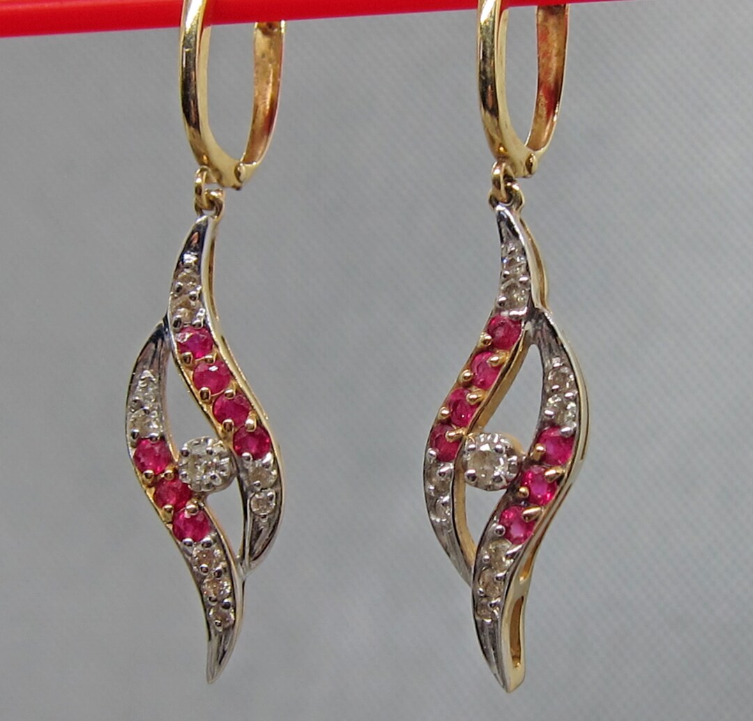 Estate 14k Ruby Diamond Dangle Lever Back Earrings - Etsy