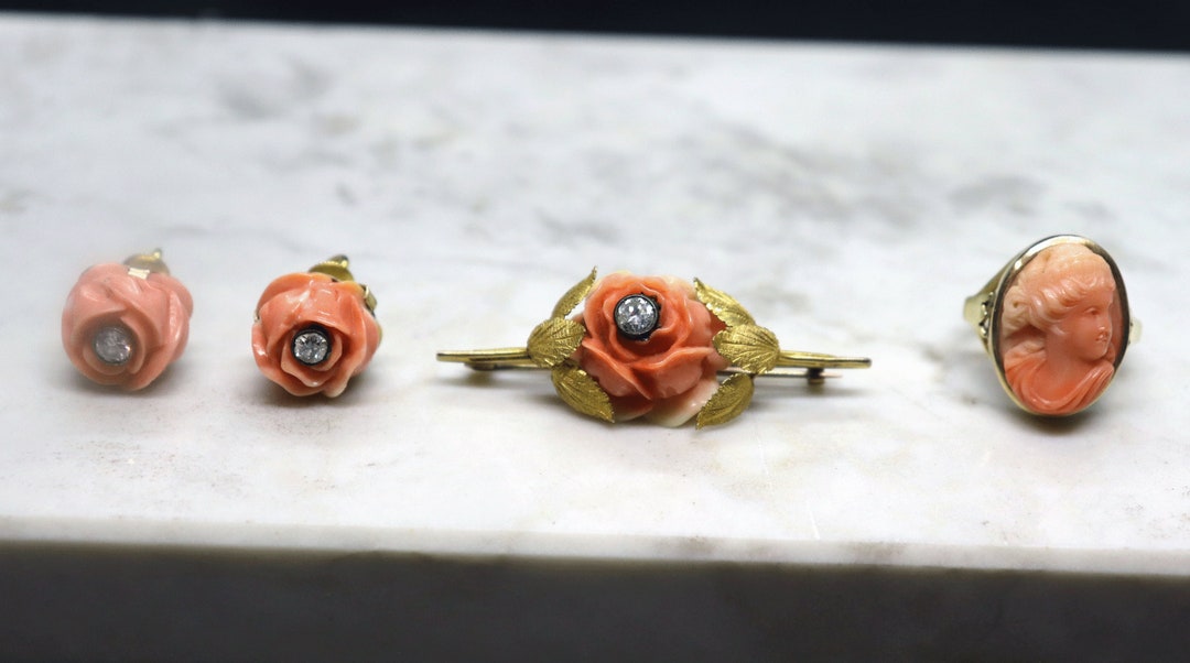 Antique 14k Coral Old Euro Diamond Jewelry Parure Earrings Brooch and ...