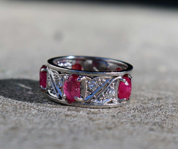 Vintage Platinum Wide Carved Ruby Diamond Band - Gem