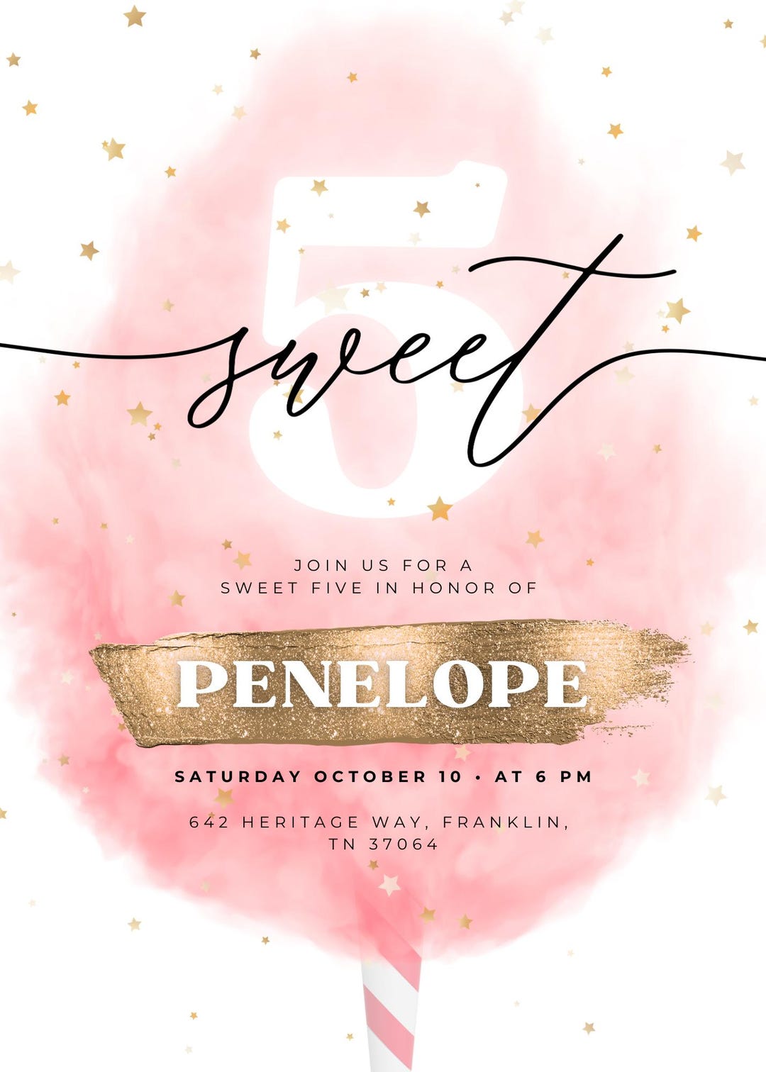 Cotton Candy Pink Fifth Birthday Invitation | Editable Digital Invite ...
