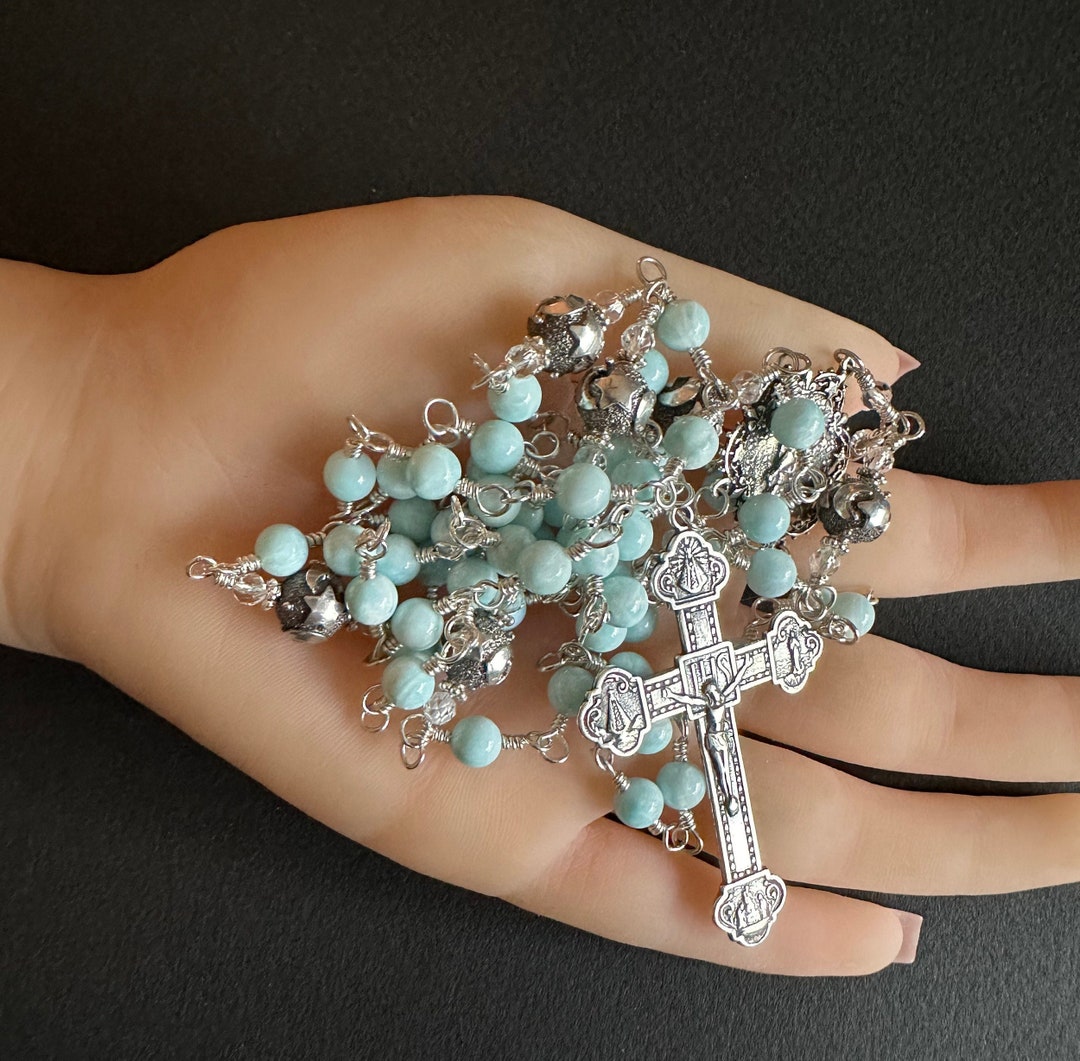 Aqua Hemimorphite Rosary: Sterling Silver, Wire-wrapped Catholic Prayer ...