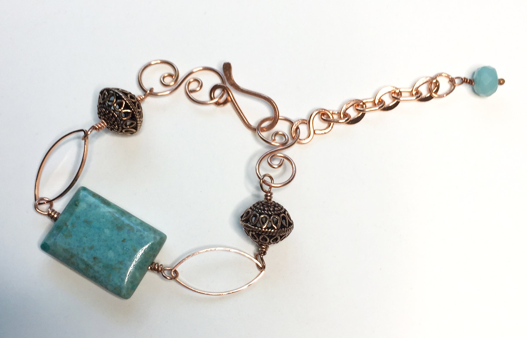 Solid Copper Link Bracelet with Large Chrysocolla Stone and Solid ...