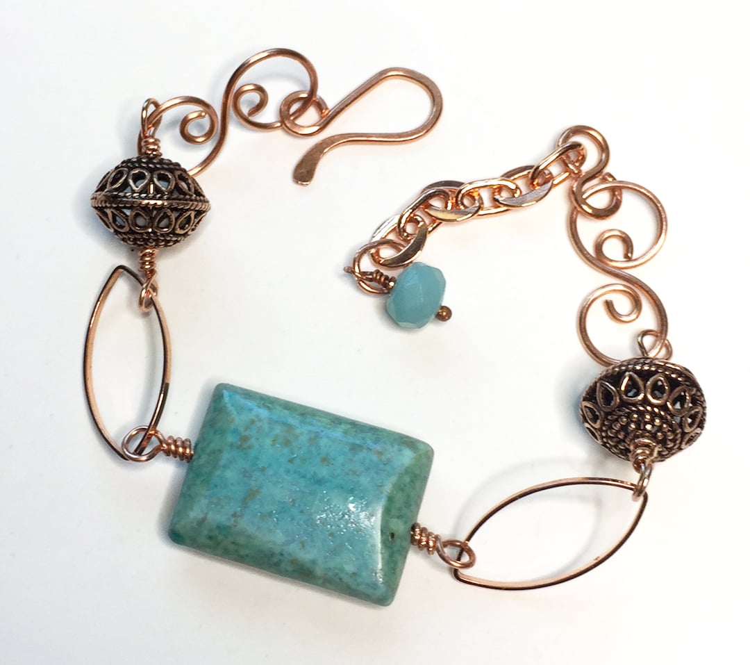 Solid Copper Link Bracelet with Large Chrysocolla Stone and Solid ...