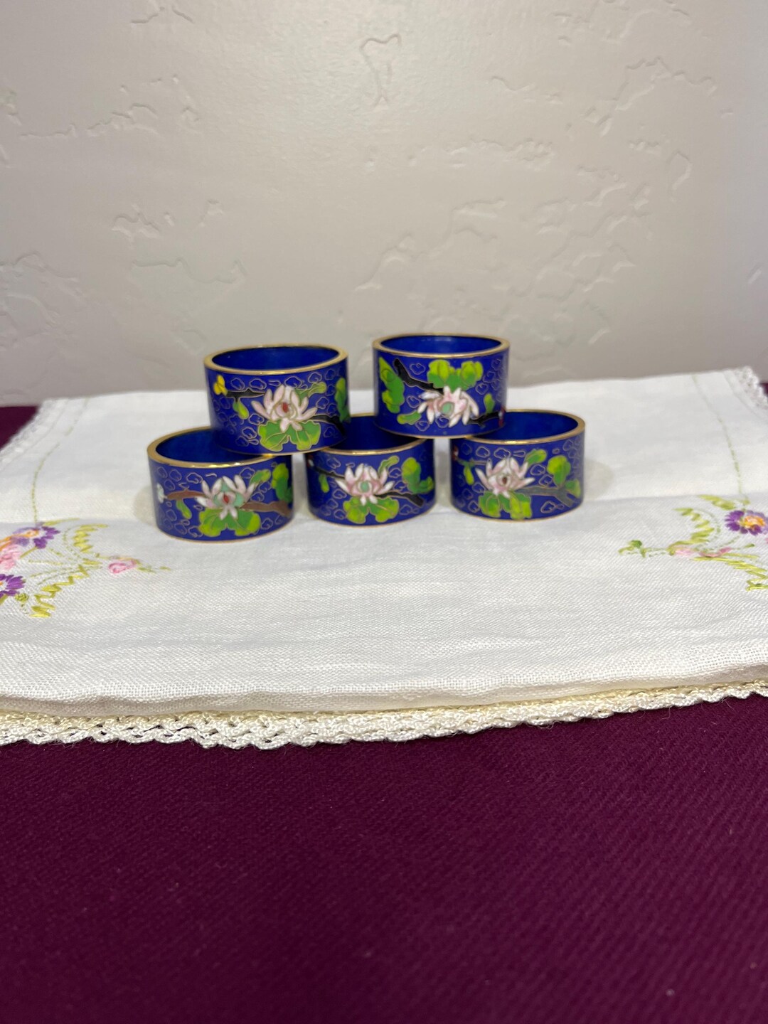 5 Cloisonne Brass Blue Lotus Napkin Holders Rings | Asian Art Brass ...