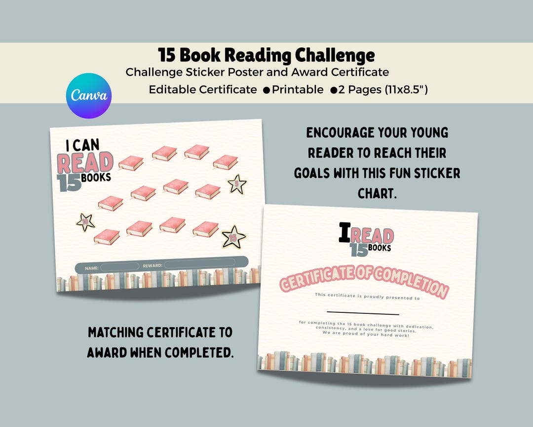 Reading Challenge Sticker Chart for 15 Books Read and Editable Matching ...
