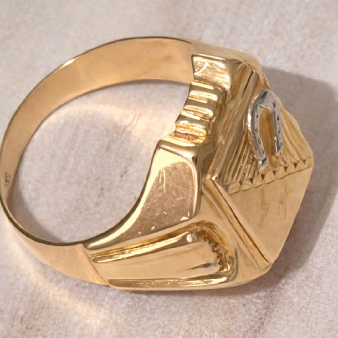 Men's 18K Gold Signet Ring, Horseshoe Motif, Mid-century Italian ...