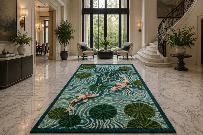 Koi Fish Pond Runner 3x7, Hand Tufted Lotus Pad Wool Carpet, Japanese ...