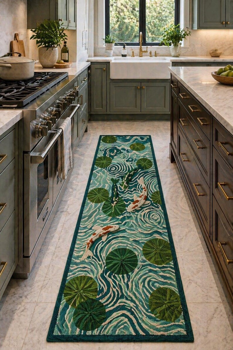 Koi Fish Pond Runner 3x7, Hand Tufted Lotus Pad Wool Carpet, Japanese ...