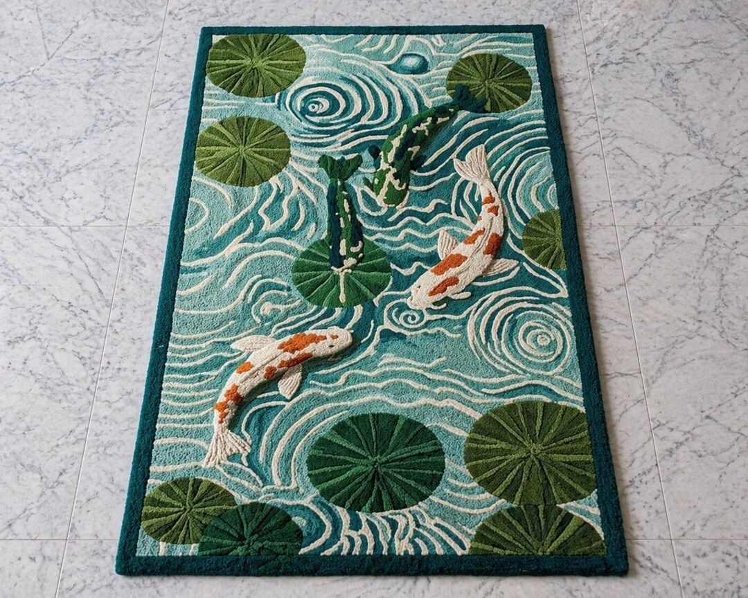 Koi Fish Pond Runner 3x7, Hand Tufted Lotus Pad Wool Carpet, Japanese ...