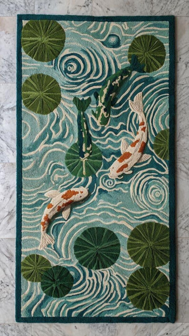 Koi Fish Pond Runner 3x7, Hand Tufted Lotus Pad Wool Carpet, Japanese ...