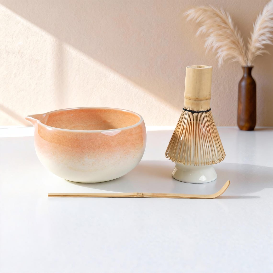Handmade Peach Gradient Matcha Set With Spout, Ceramic Apricot Tea Bowl ...