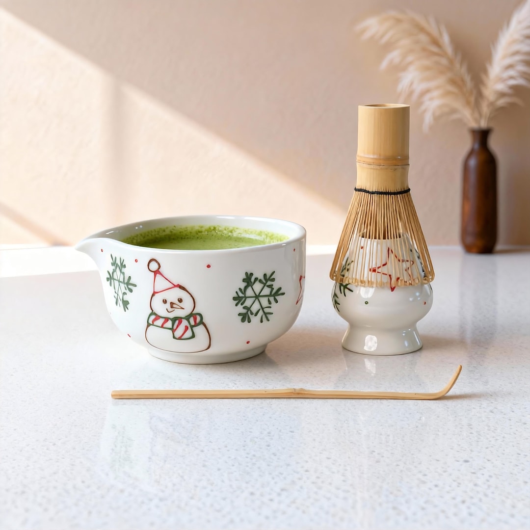 Hand-painted Cute Snowman Matcha Bowl Set With Spout, Kawaii Holiday ...