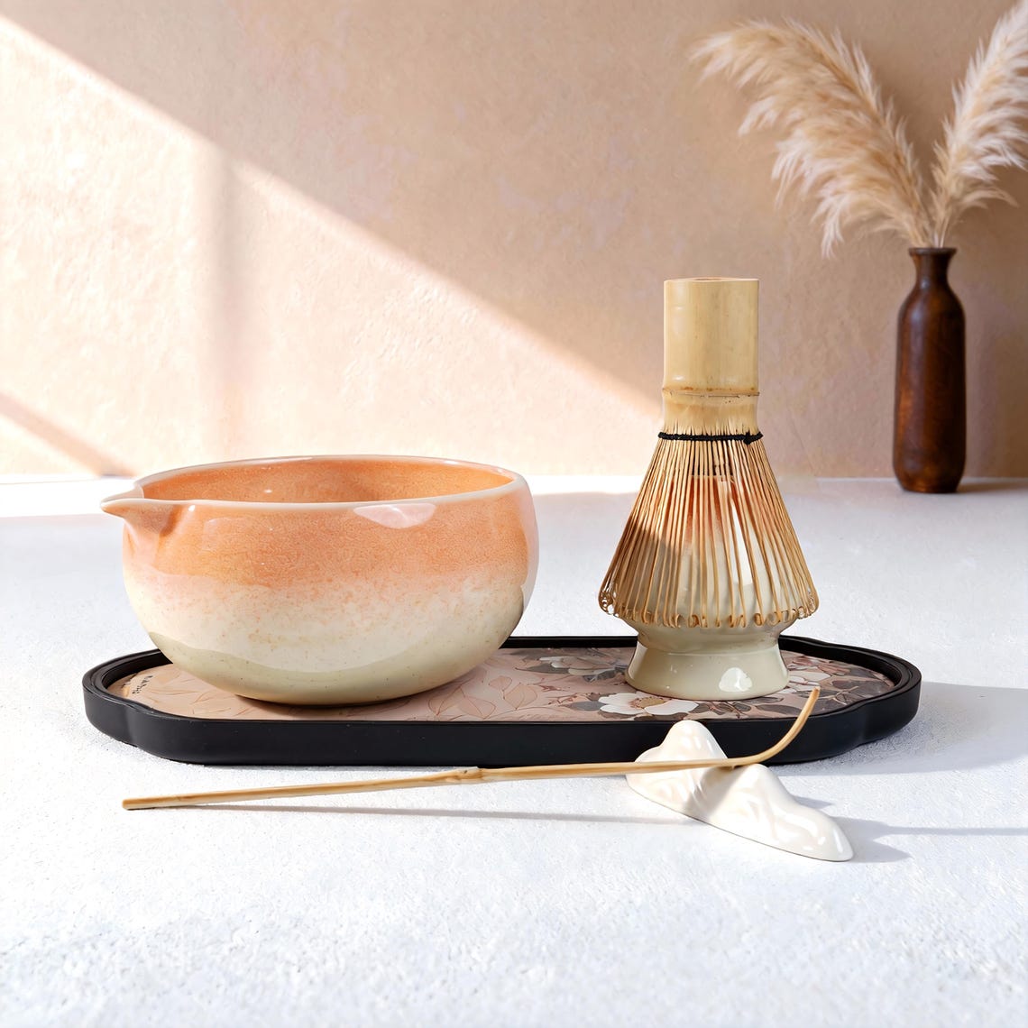 Handmade Peach Gradient Matcha Set With Spout, Ceramic Apricot Tea Bowl ...