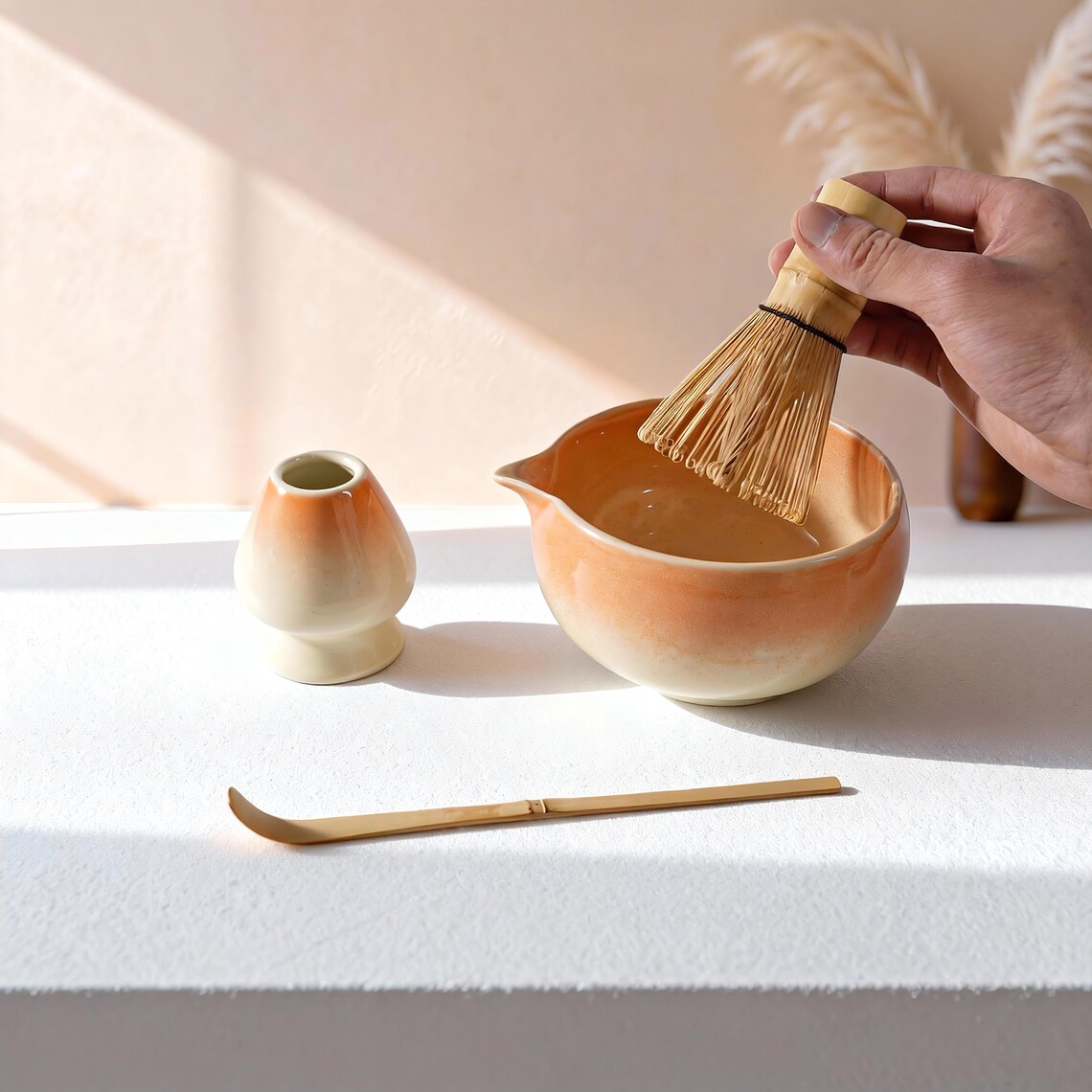 Handmade Peach Gradient Matcha Set With Spout, Ceramic Apricot Tea Bowl ...