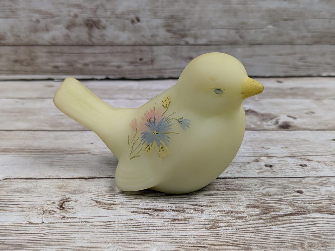Fenton Custard Satin Glass Bird Floral Hand Painted Original Stickers ...